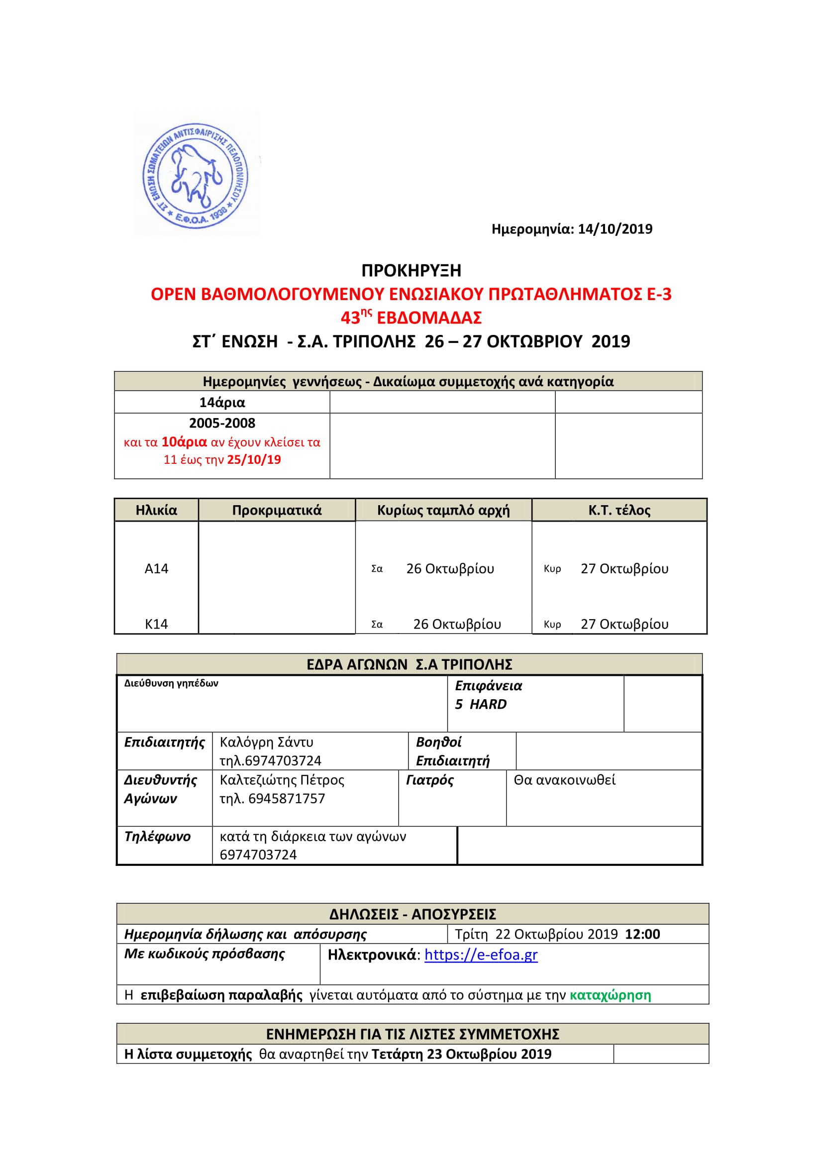 ΠΡΟΚΗΡΥΞΗ OPEN ΒΑΘΜΟΛΟΓΟΥΜΕΝΟΥ ΕΝΩΣΙΑΚΟΥ ΠΡΩΤΑΘΛΗΜΑΤΟΣ Ε-3 43ης ...